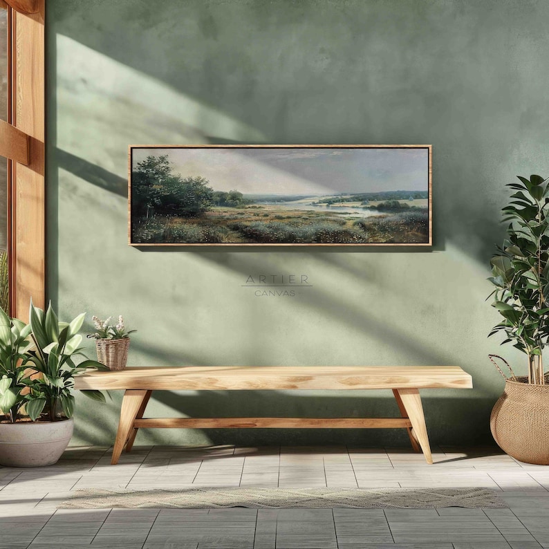 Vintage Spring Meadow Canvas Print: Long Horizontal Landscape Wall Art ...