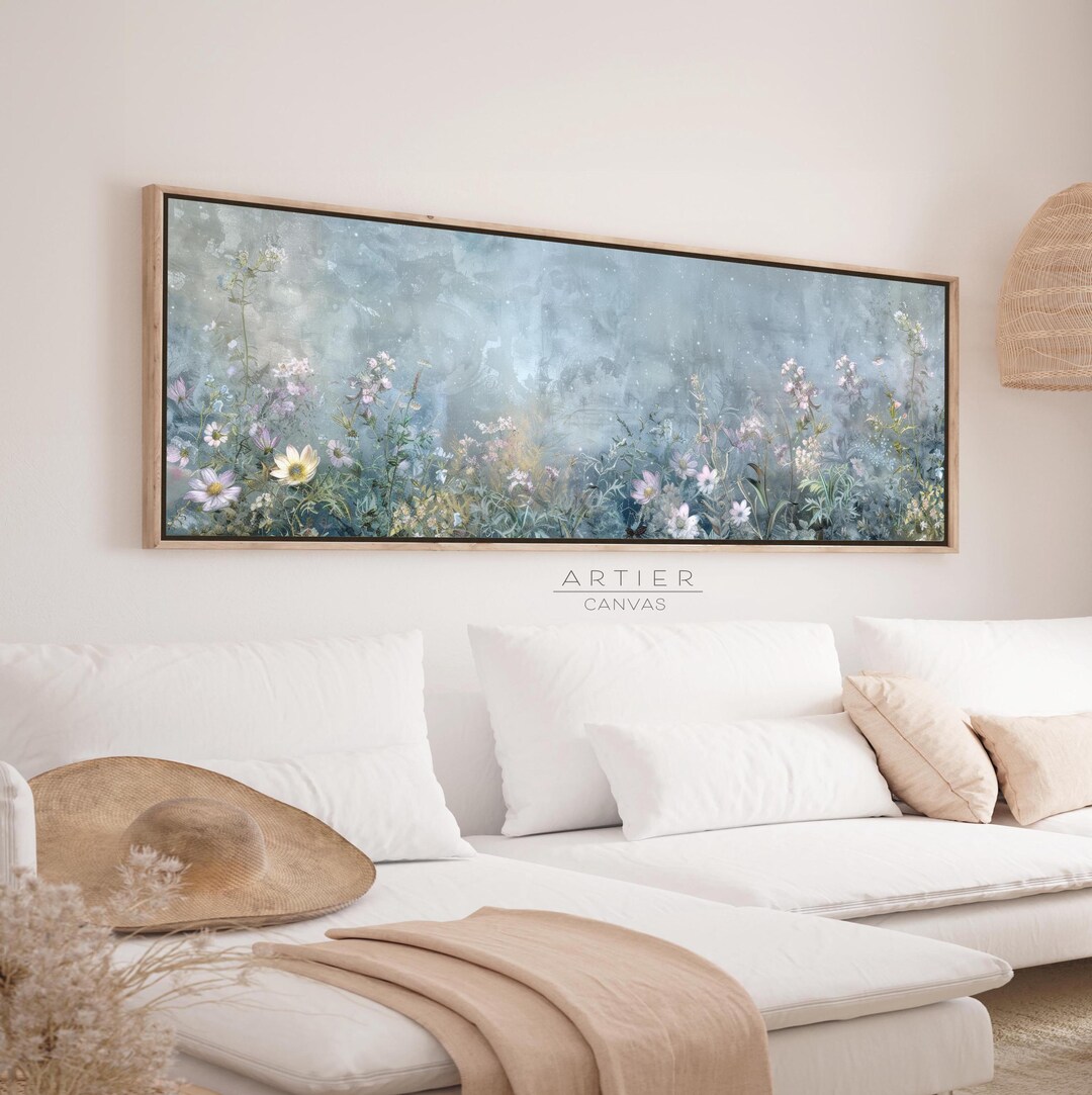 Moody Panoramic Wall Art Vintage Wildflower Meadow Print Ethereal