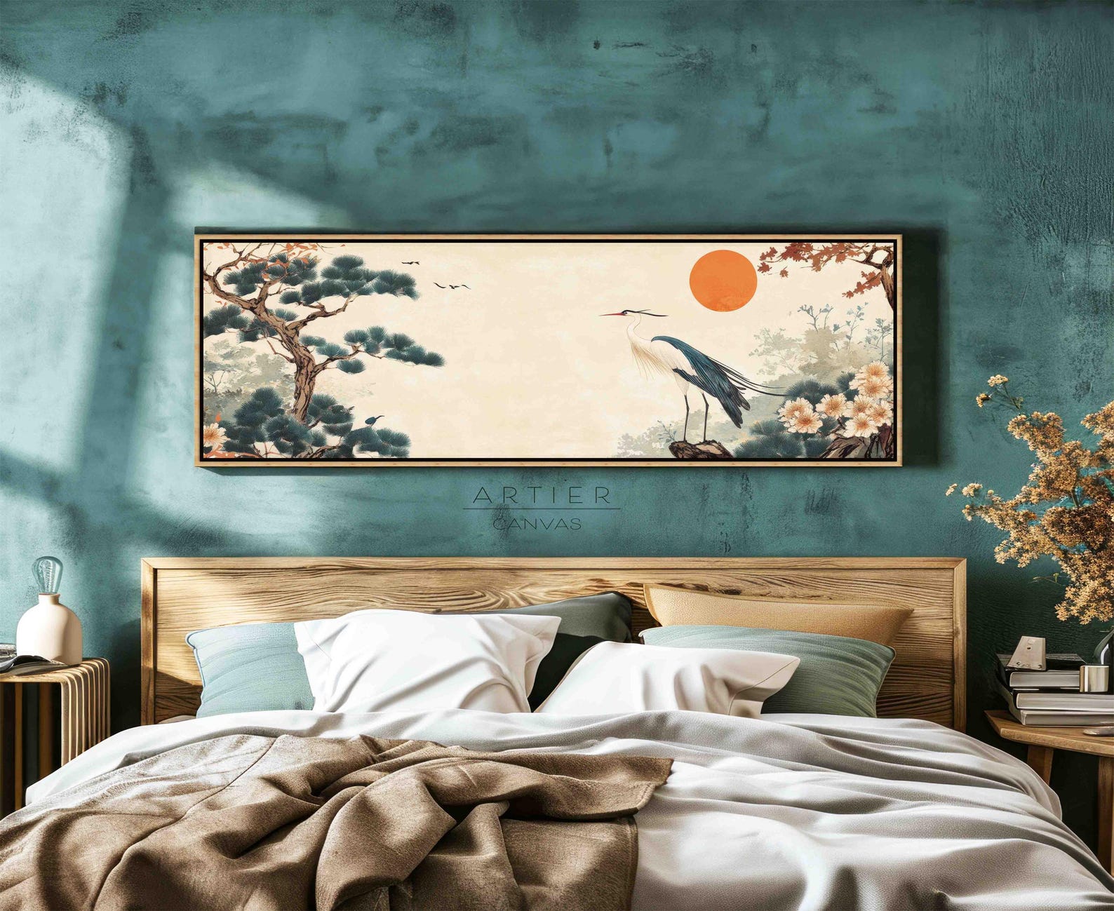 Framed Stork Sunset Canvas Print: Japanese Tapestry Landscape Wall Art ...