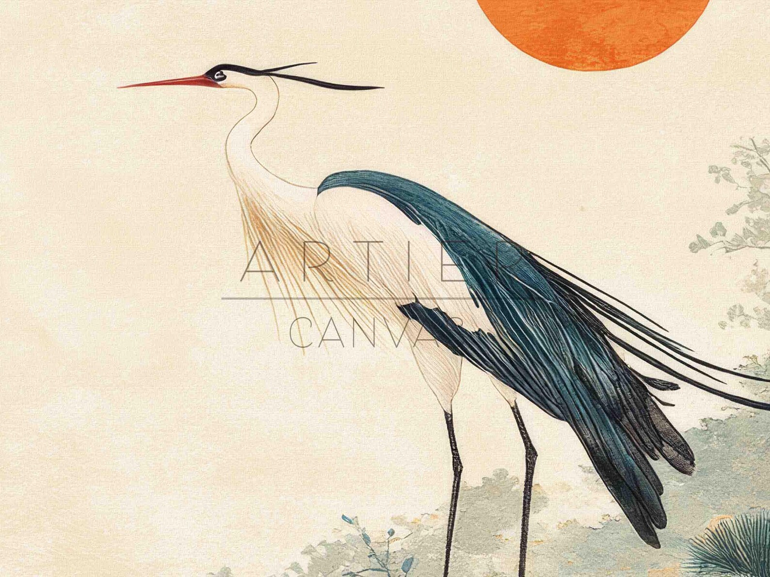 Framed Stork Sunset Canvas Print: Japanese Tapestry Landscape Wall Art ...