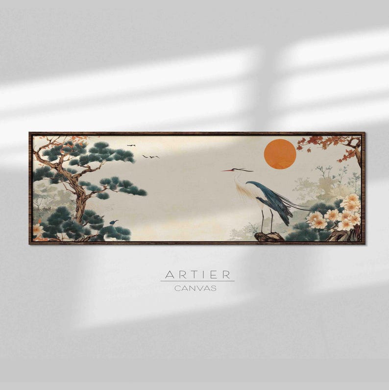 Framed Stork Sunset Canvas Print: Japanese Tapestry Landscape Wall Art ...