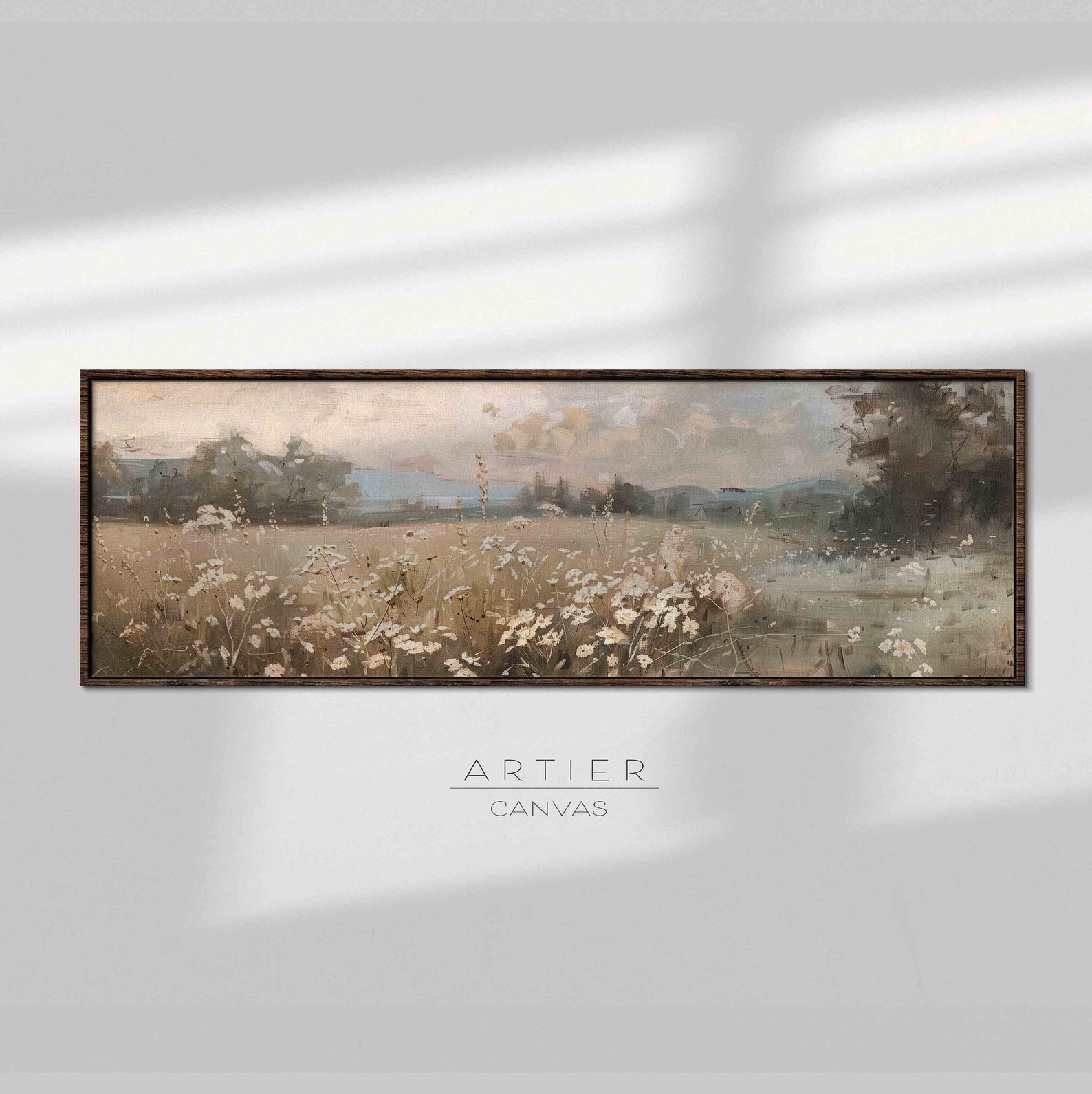 Vintage White Flowers Field Framed Canvas Art: Long Horizontal Spring ...