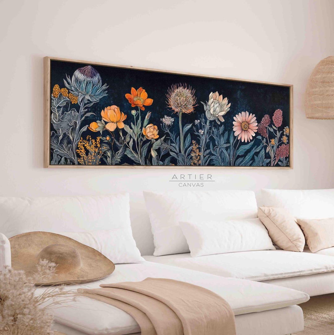 Vintage Botanical Wild Flowers at Night Framed Canvas Wall Art, Long ...