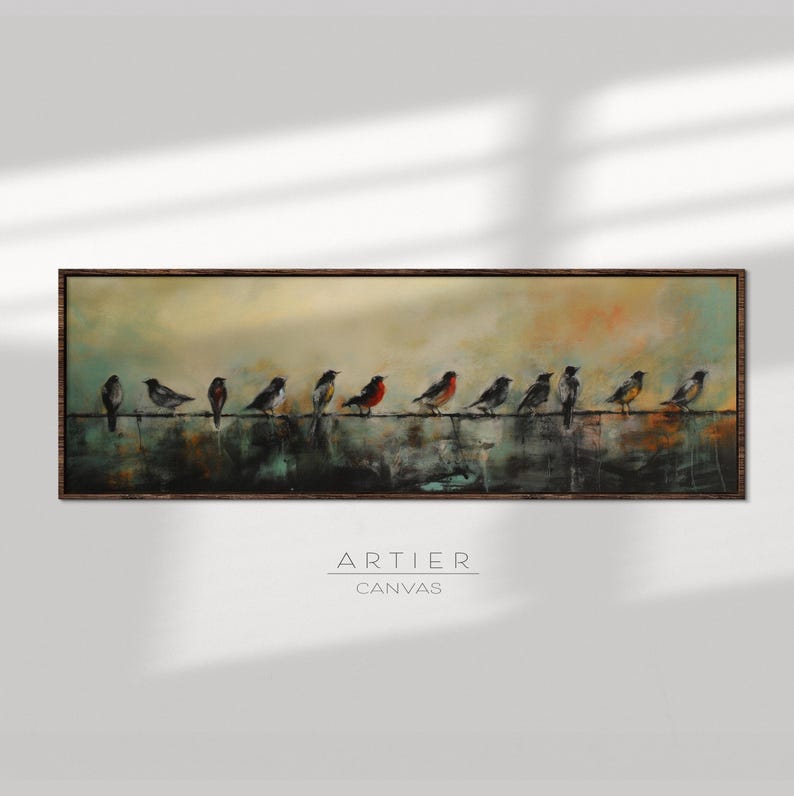 Mid Century Modern Birds on Wire Canvas Print - Framed Wall Art - Etsy