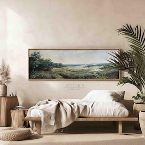 Vintage Spring Meadow Canvas Print: Long Horizontal Landscape Wall Art ...