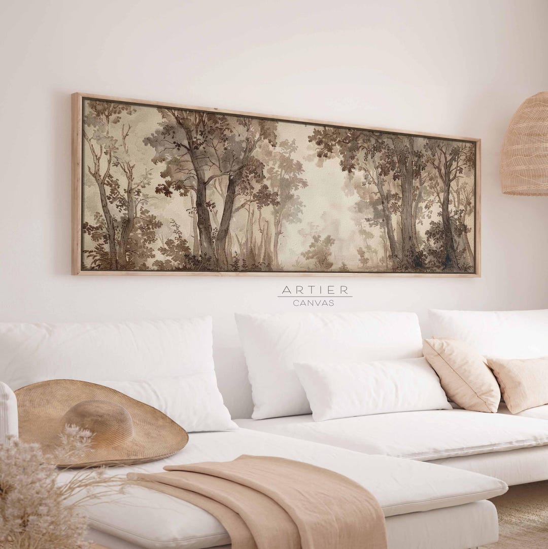 Framed Forest Canvas Print: Long Horizontal Ink Painting Style Wall Art ...