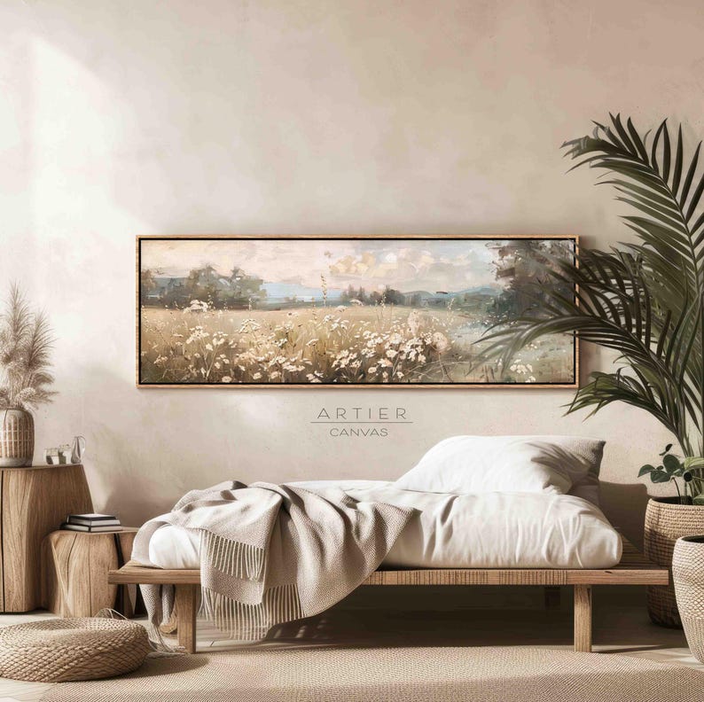 Vintage White Flowers Field Framed Canvas Art: Long Horizontal Spring ...