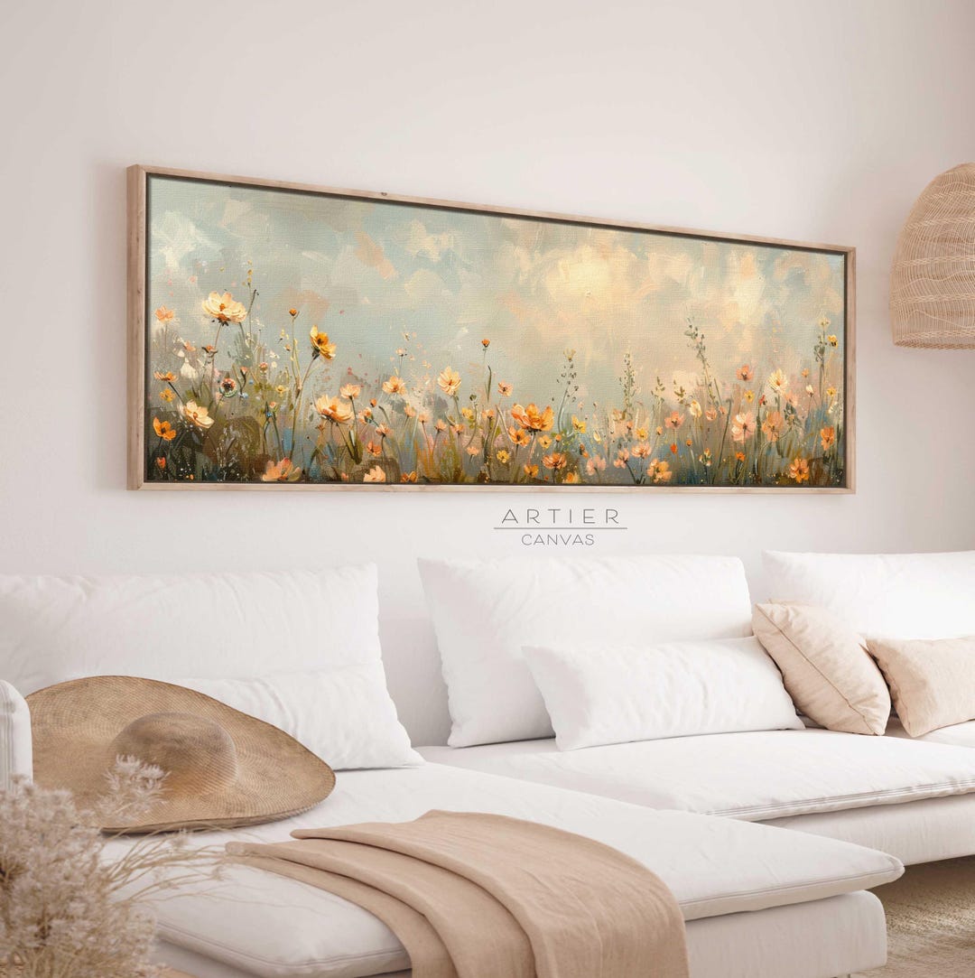 Wildflowers Field Framed Canvas Wall Art Print, Long Horizontal Canvas ...