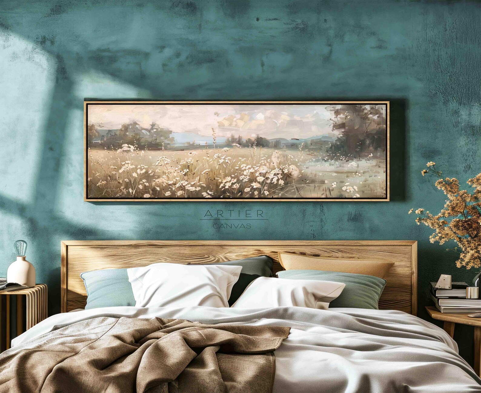 Vintage White Flowers Field Framed Canvas Art: Long Horizontal Spring ...