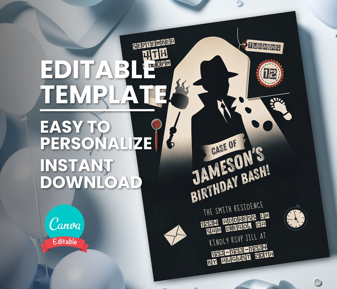 Detective Birthday Invitation, Mystery Clue Party Invite, Editable ...