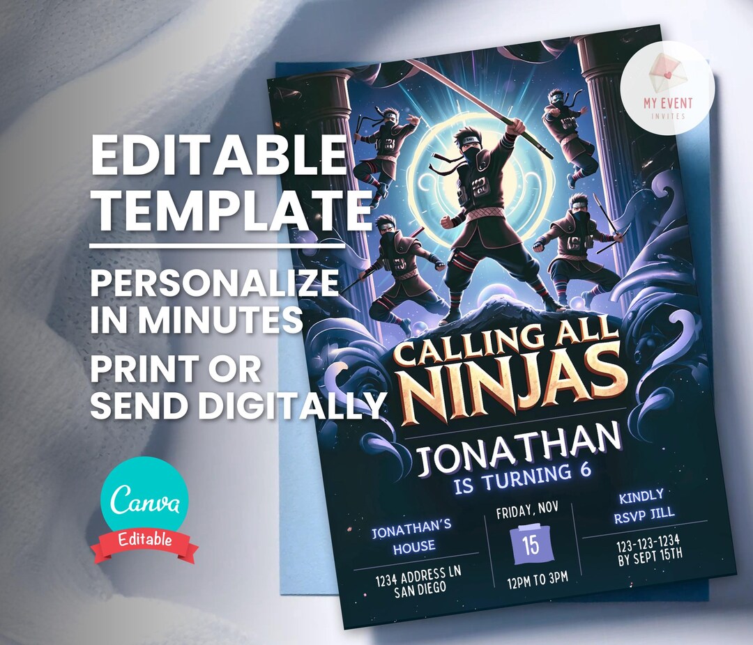 Ninja Birthday Invitation, Ninja Theme Party, Any Age Editable Digital ...