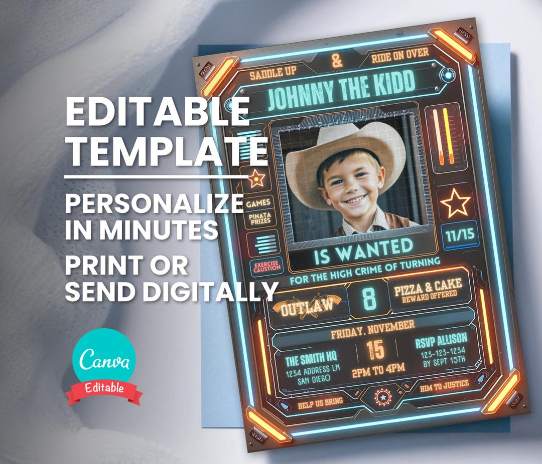 Wanted Poster Invitation, Futuristic Birthday Photo Party Invite ...