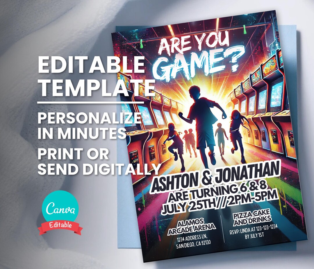 Arcade Birthday Invitation, Double Joint Video Arcade Party Invite ...