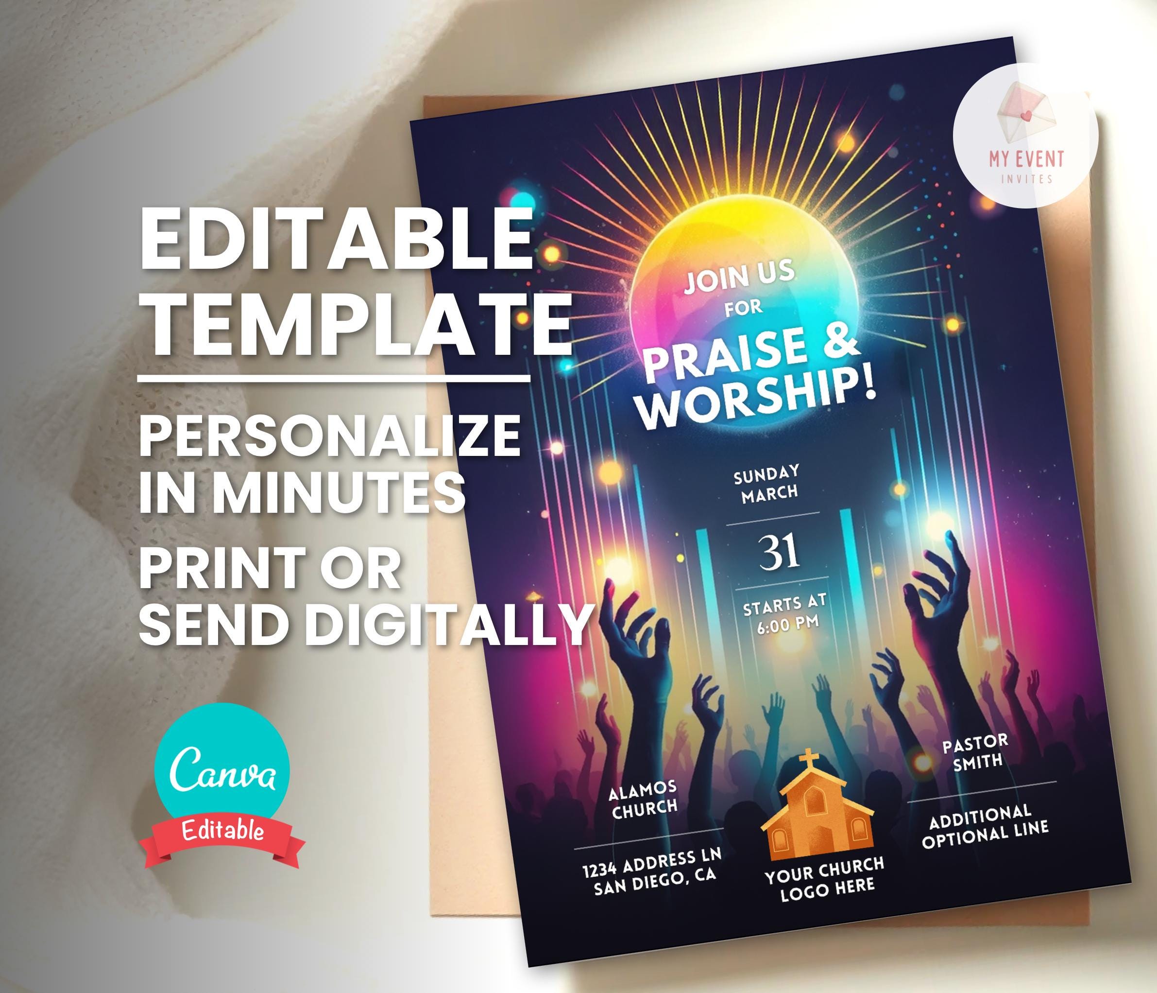 Modern Church Flyer, Praise & Worship Invitation, Hands Raised, Song ...