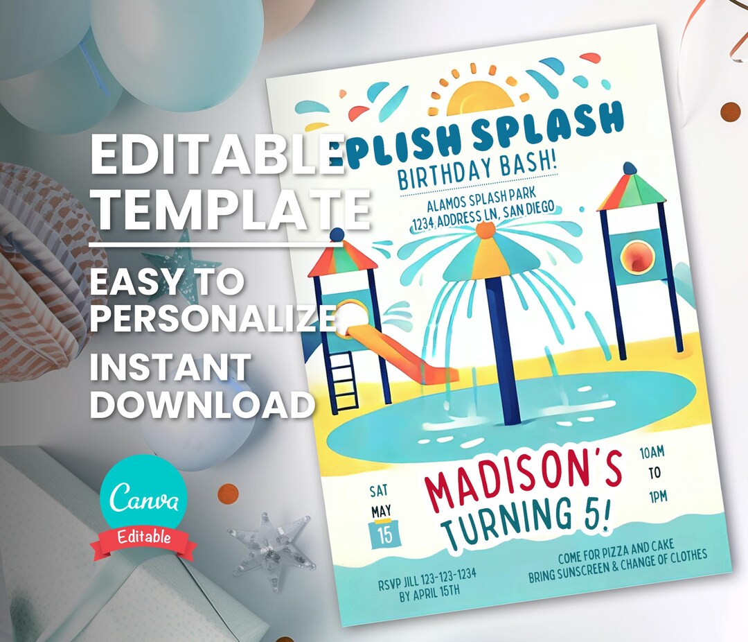 Splish Splash Birthday Bash Invitation for Splash Park or Splash Pad Playground Birthday Party ...