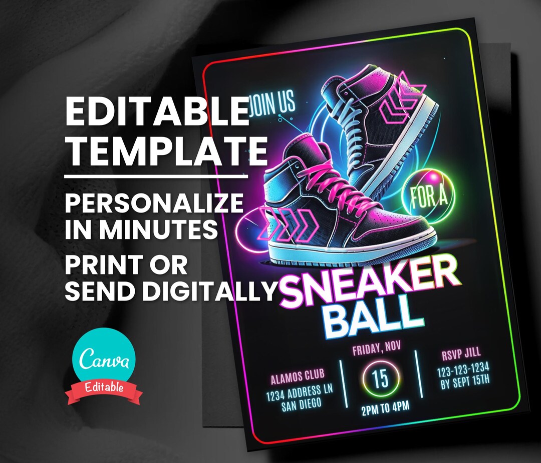 Sneaker Ball Invitation, Neon Glow Sneaker Ball Party Invite, Editable ...