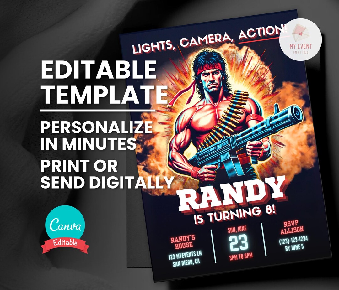 Action Hero Birthday Invitation, 80s Action Movie Party Invite ...
