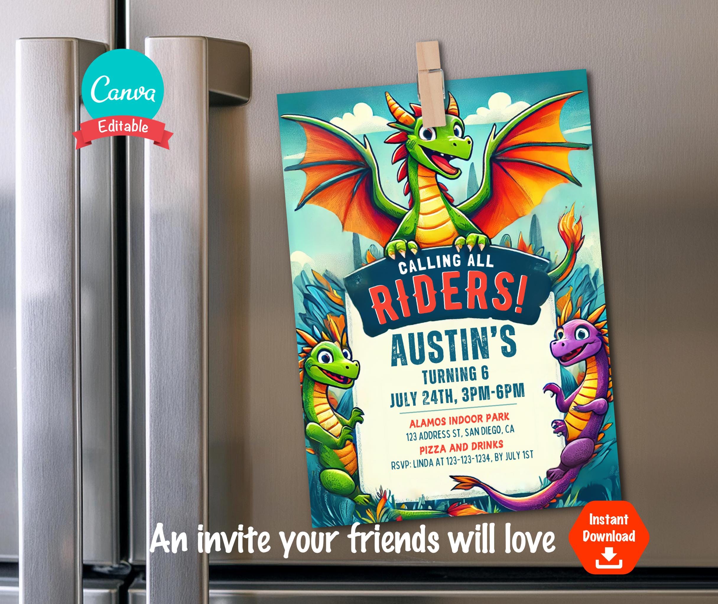 Dragon Birthday Party Invitation, Calling All Riders, Editable Birthday ...