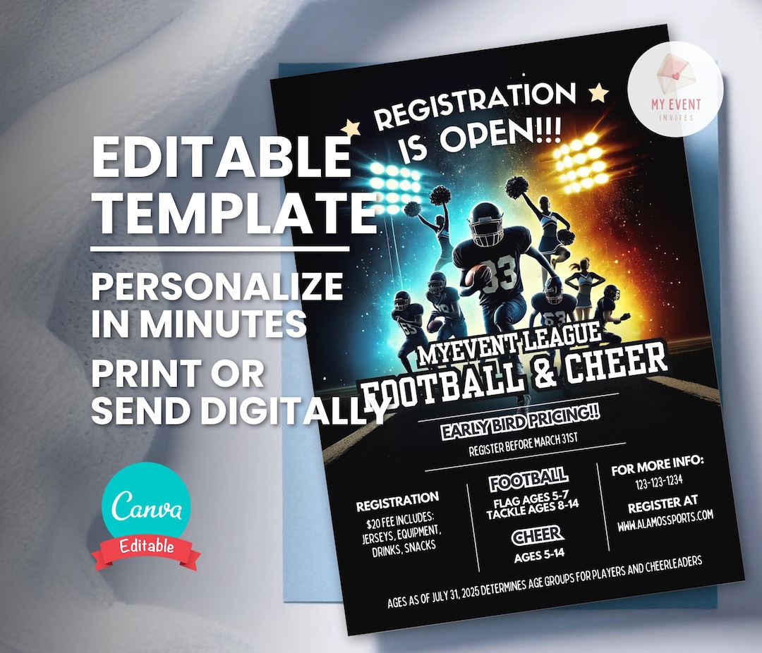 Football & Cheer Tryout Invitation, Team Registration Flyer, Editable ...