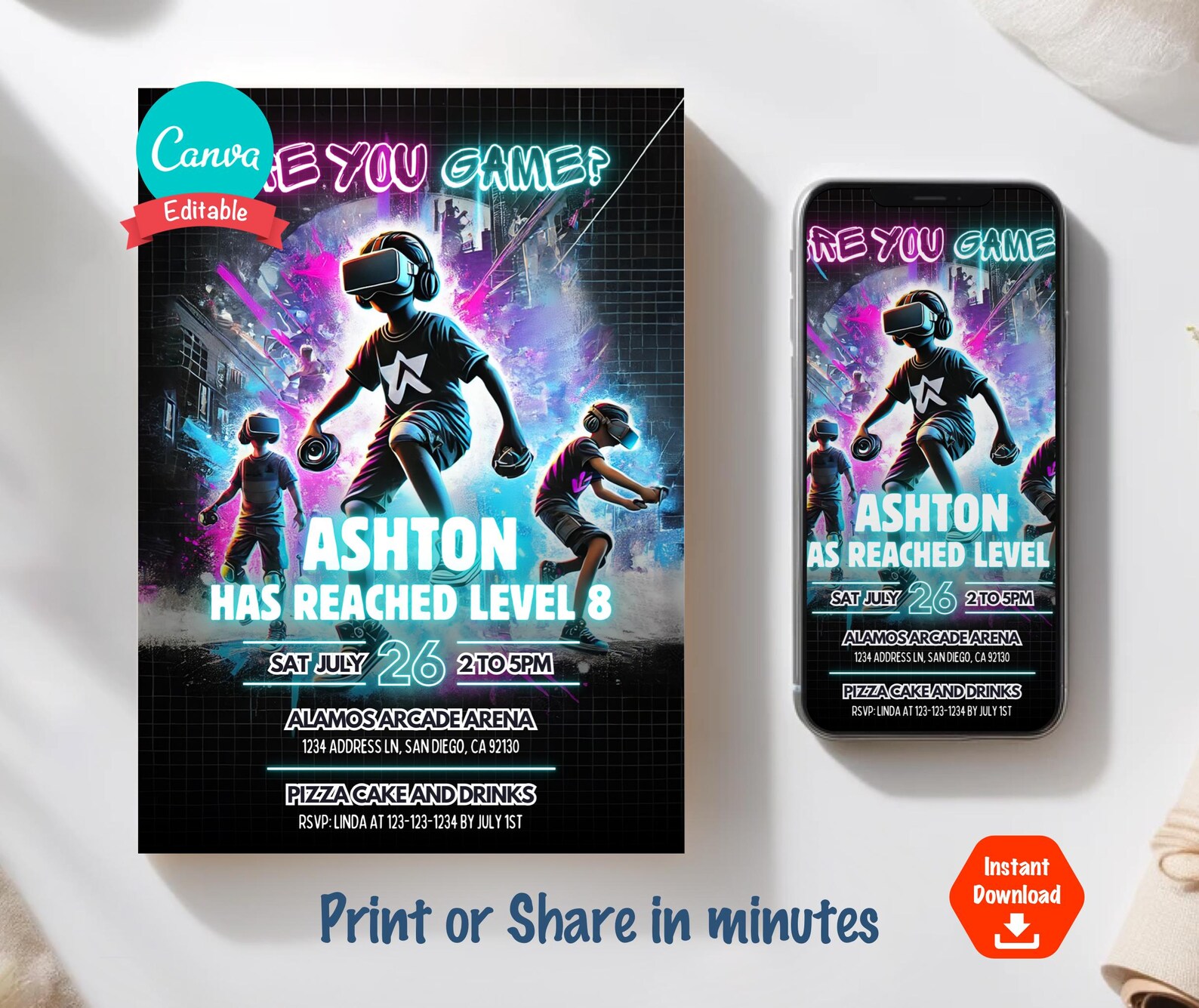 VR Birthday Invitation, Gamer Party Invite, Any Age Video Game Editable ...