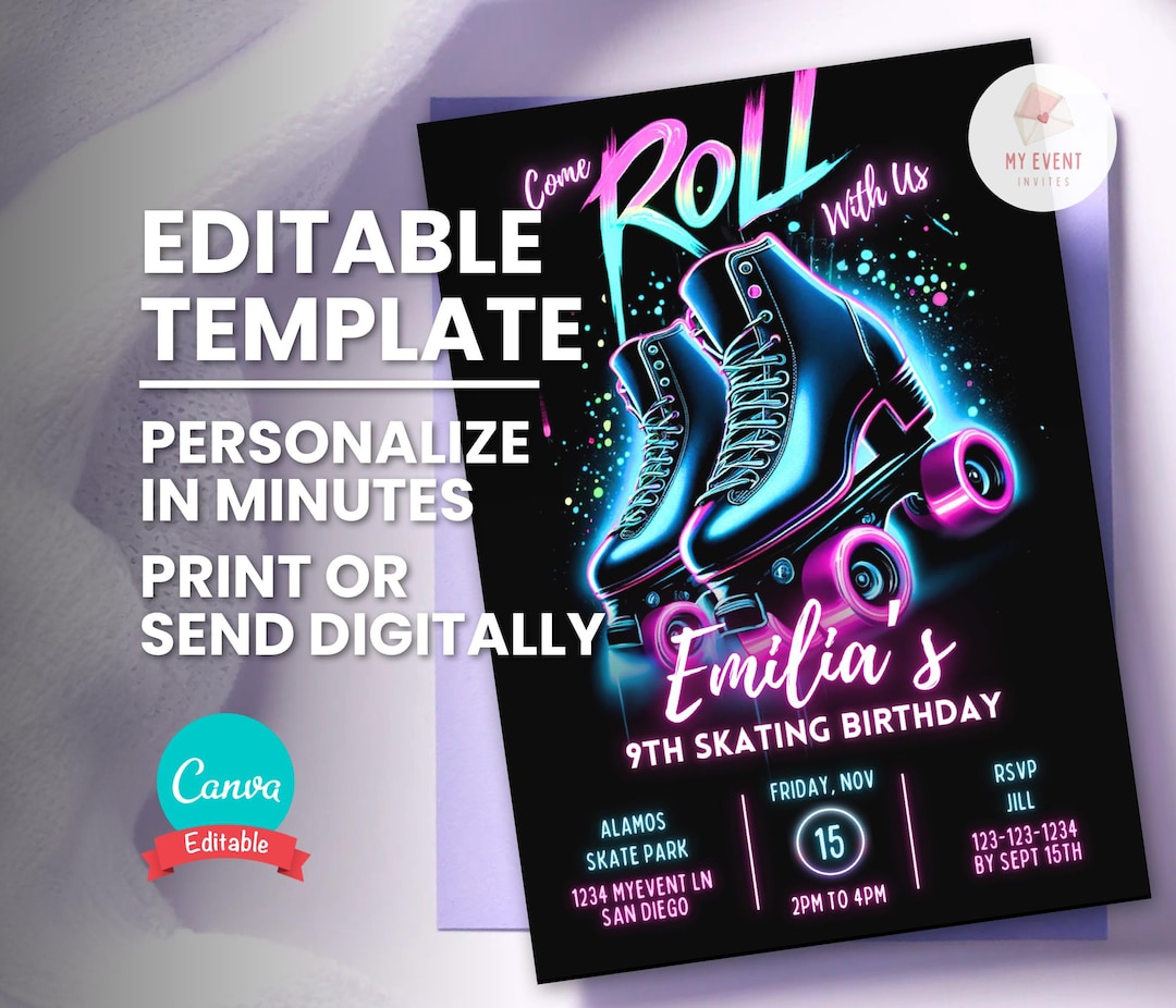 Skate Party Invitation, Neon Roller Skate Birthday Party, Editable ...