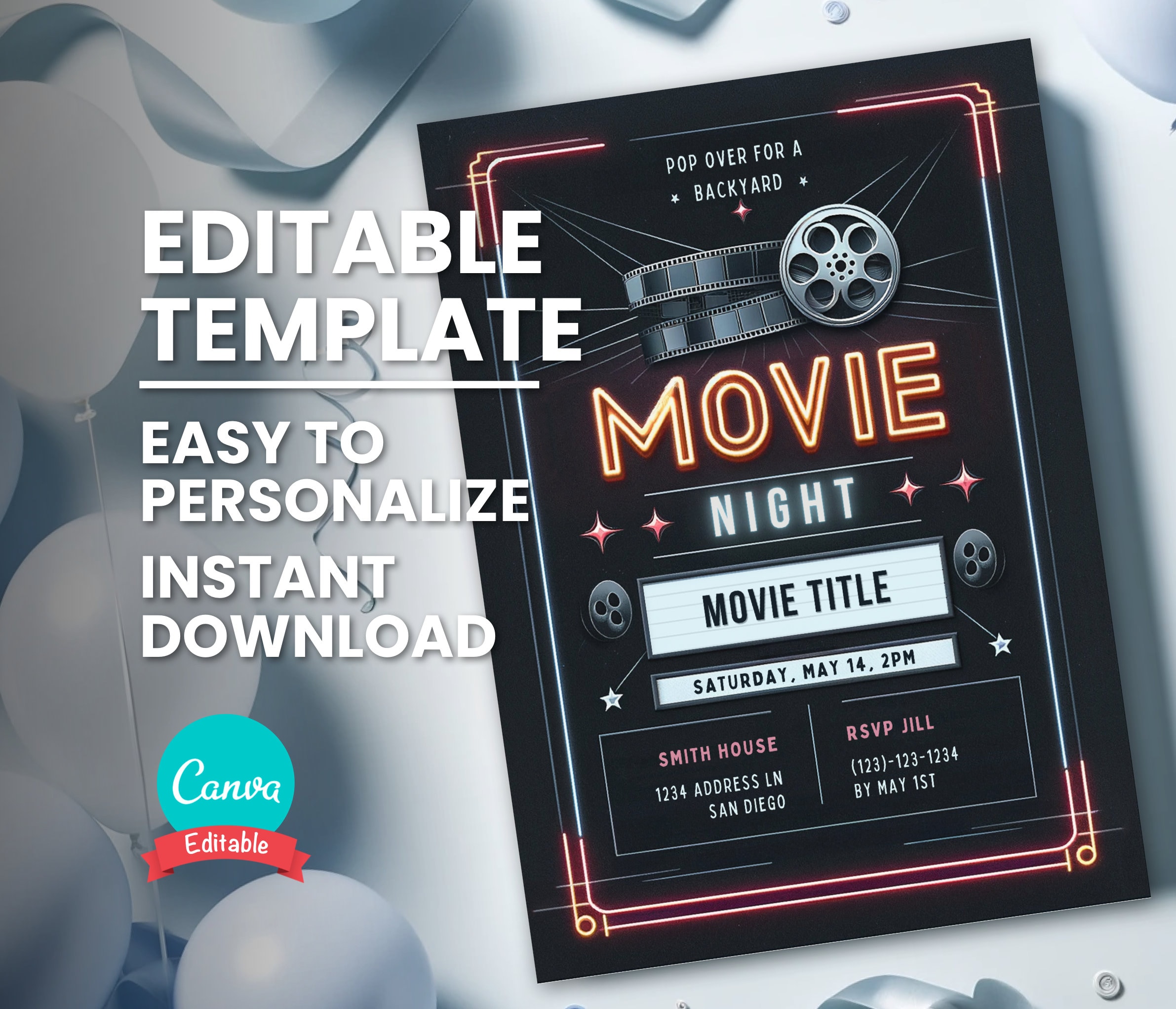 Movie Night Invitation for Movie Party, Backyard Movie Party Invite ...