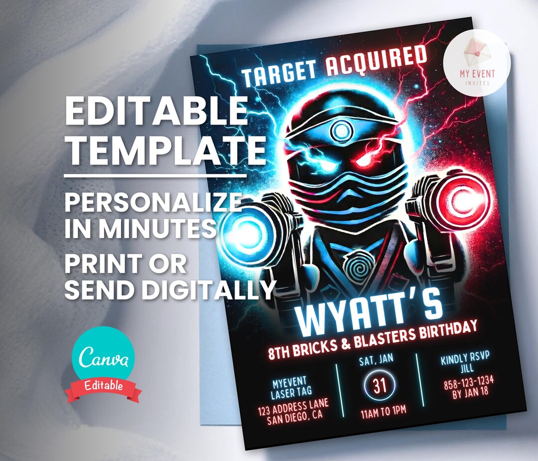 Laser Tag Invitation, Blaster and Brick Birthday Invite, Editable Digital Template, Printable ...