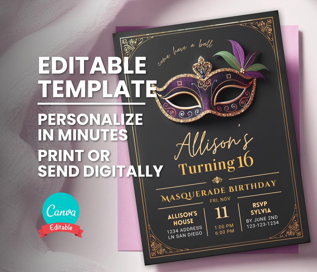 Masquerade Invitation, Masquerade Mask Birthday Party Invite, Any Age ...