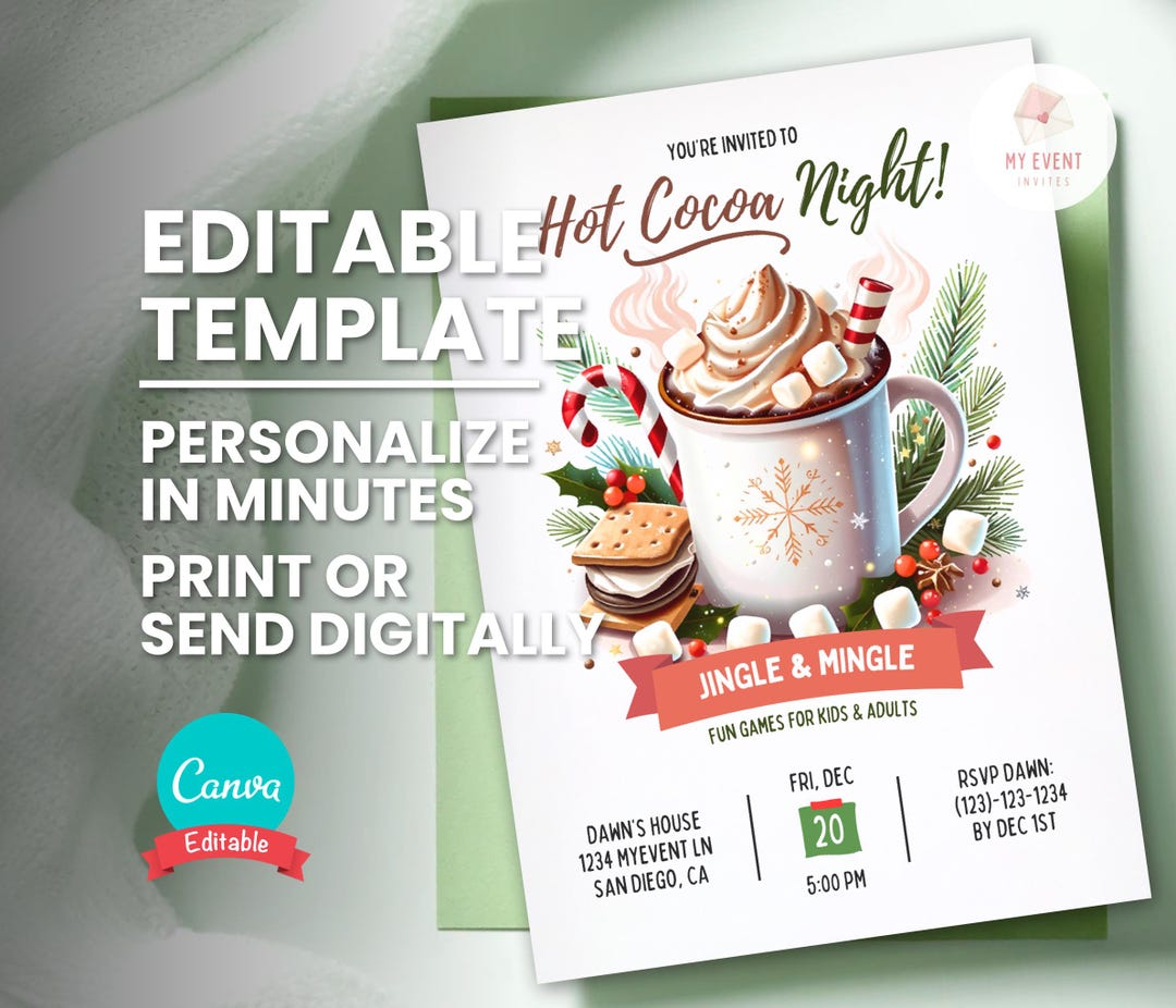 Hot Cocoa Party Invitation, Hot Chocolate S'more Invite, Editable ...