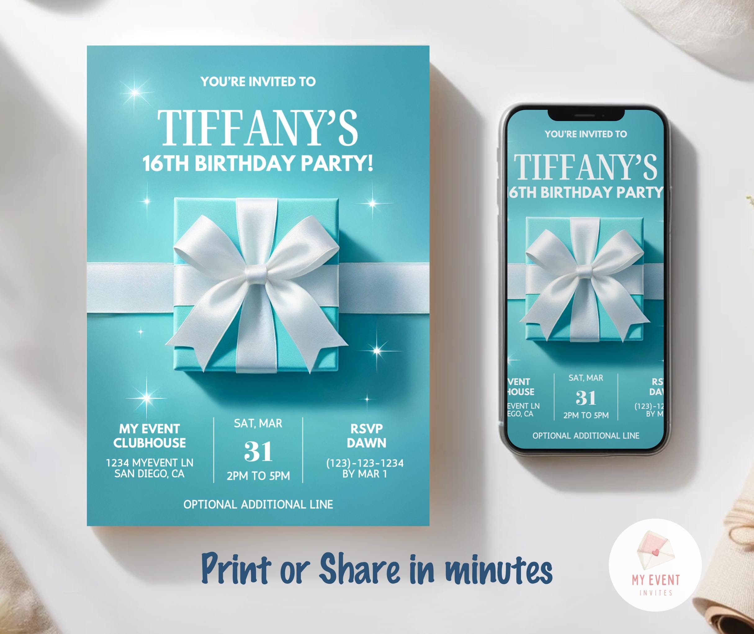 Tiffany Birthday Invitation, Gift Box Invite, Any Age Editable Template ...