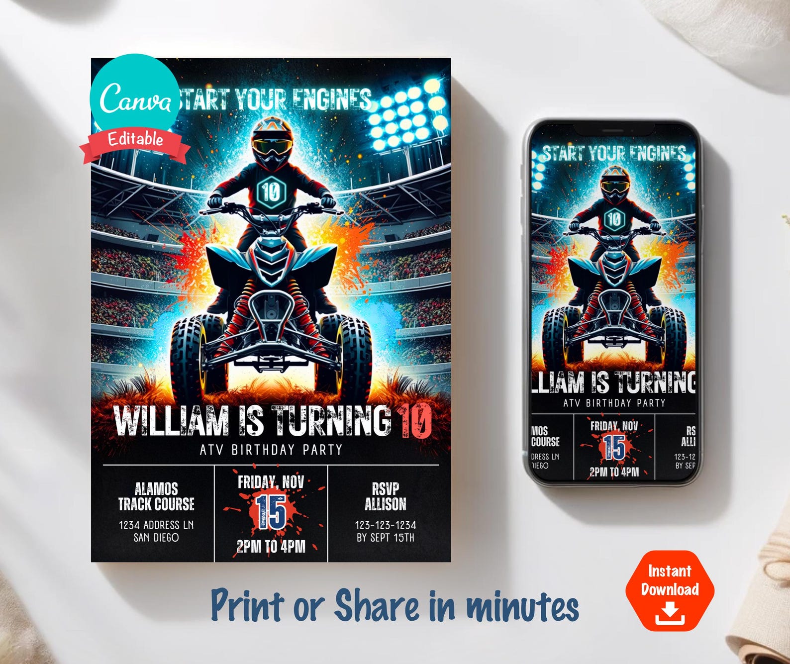 ATV Birthday Invitation, Editable Age, Quad Bike Party Invite, Editable ...