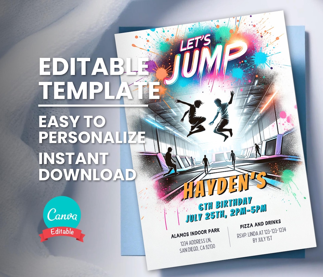 Lets Jump Birthday Invitation, Trampoline Park, Teen Jump Party Invite, Editable Template ...