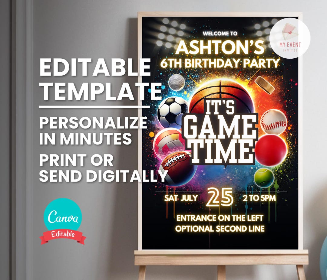Sports Party Welcome Sign, Sports Birthday, 24x36” Editable Digital ...