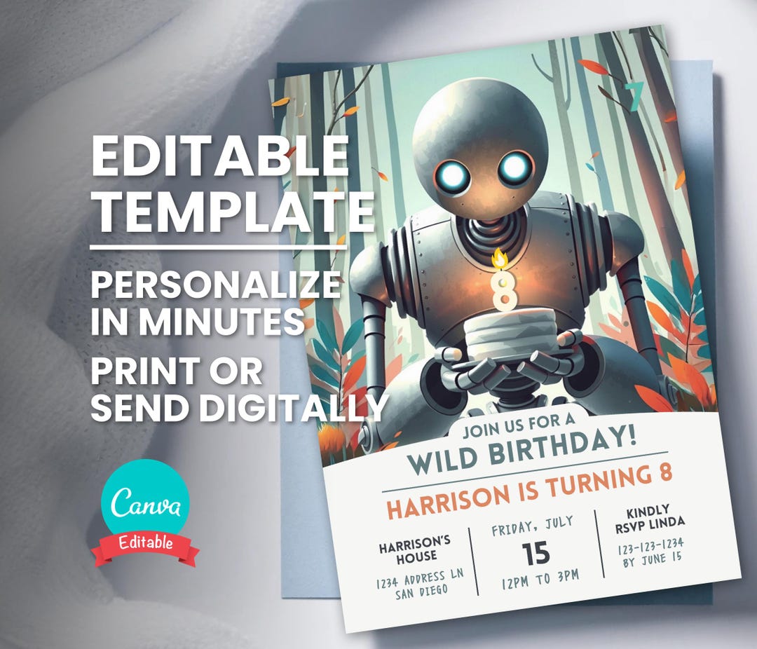 Robot Birthday Invitation, Robot Party Invite, Editable Candle Age ...