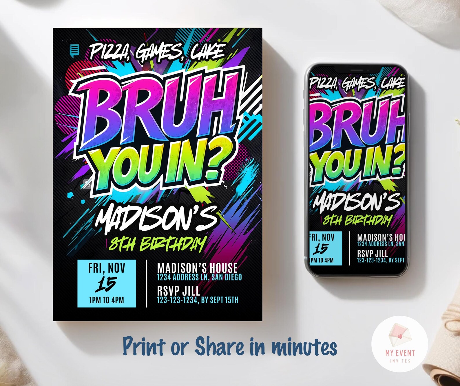 Bruh Birthday Invitation, Neon Graffiti Party Invite, Any Age & Theme ...