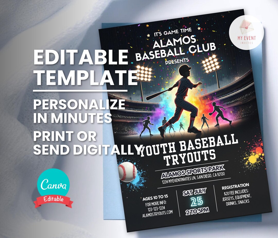Baseball Tryout Invitation, Team League Association Tryouts Flyer ...