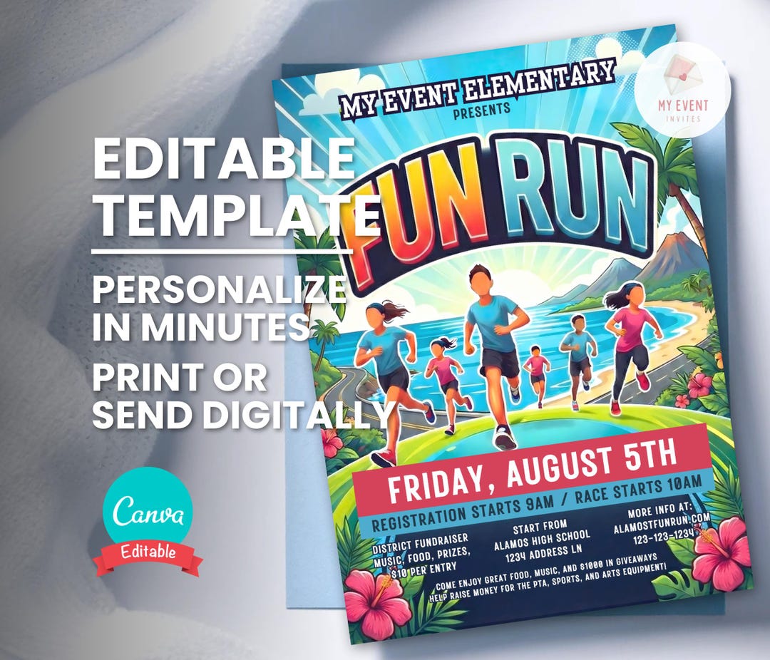 Fun Run Invitation, Coastal Beach Race, School Charity Fundraiser Flyer ...
