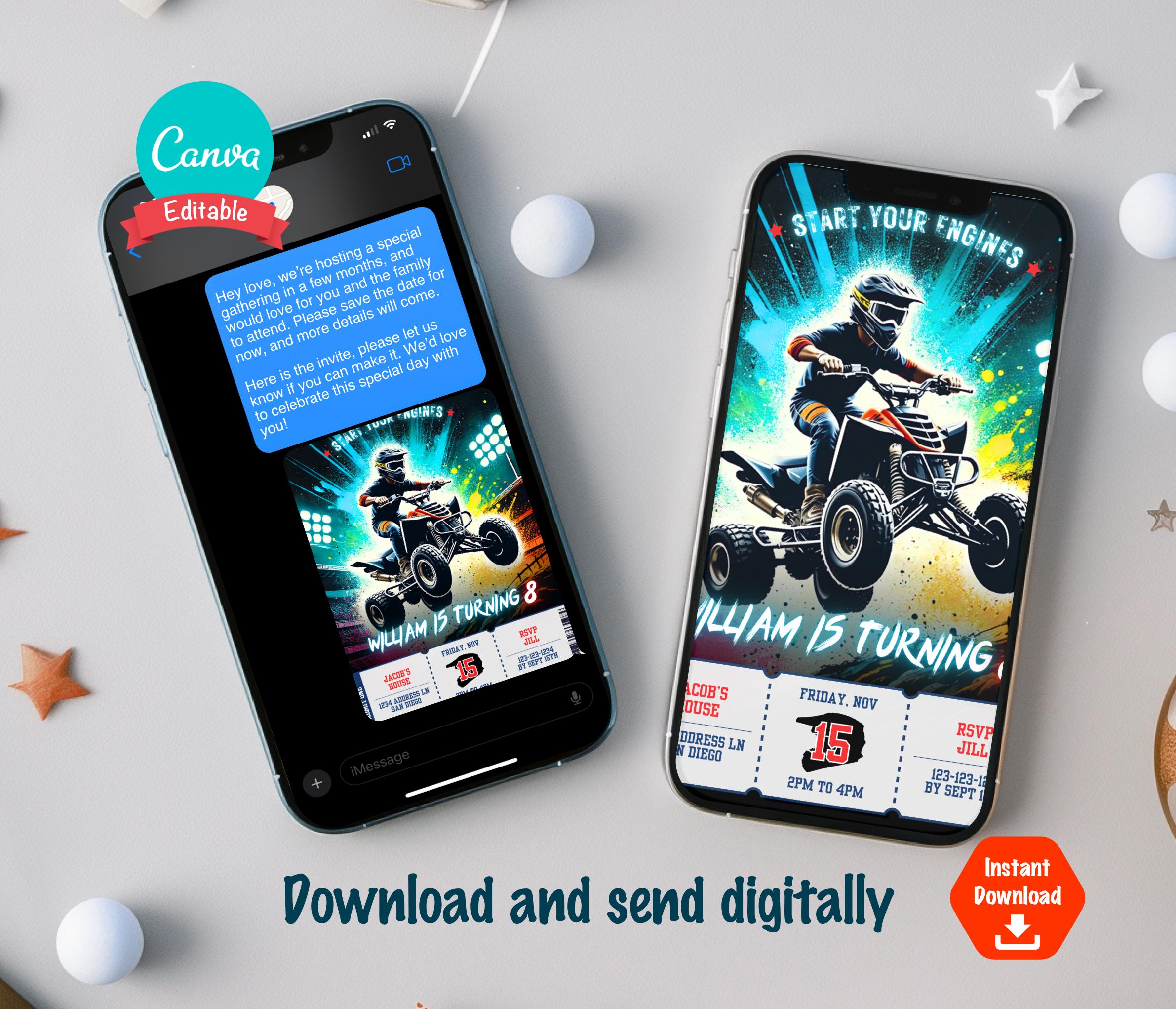 ATV Birthday Invitation, Quad Bike Party Ticket Invite, Editable Text ...