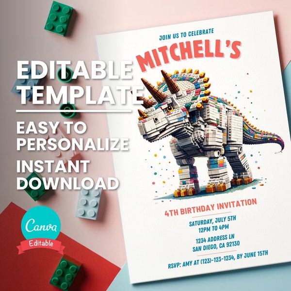 Building Block Dinosaur Invitation - Etsy