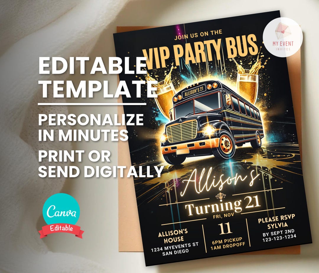 Party Bus Invitation, Party Bus Birthday Invite, Ladies Night, Editable ...