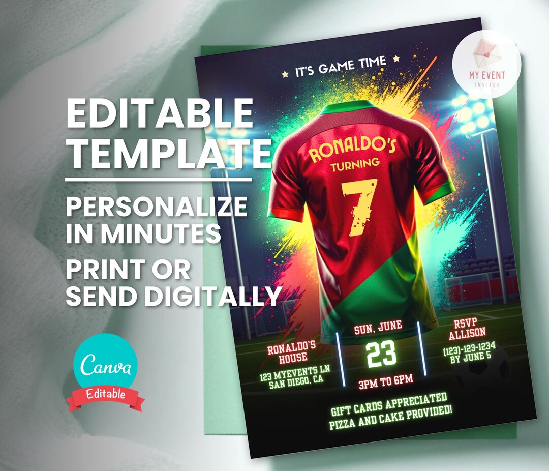 Soccer Birthday Invitation, Editable Age Soccer Jersey, Kid Soccer Bday ...