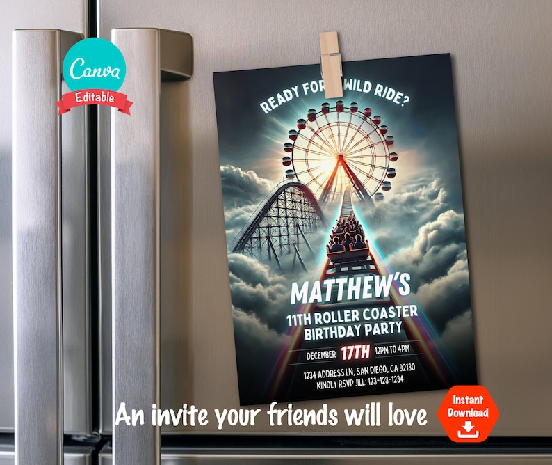 Amusement Park Invite for Rollercoaster Birthday Party Invitation, Roller Coaster Birthday Flyer ...