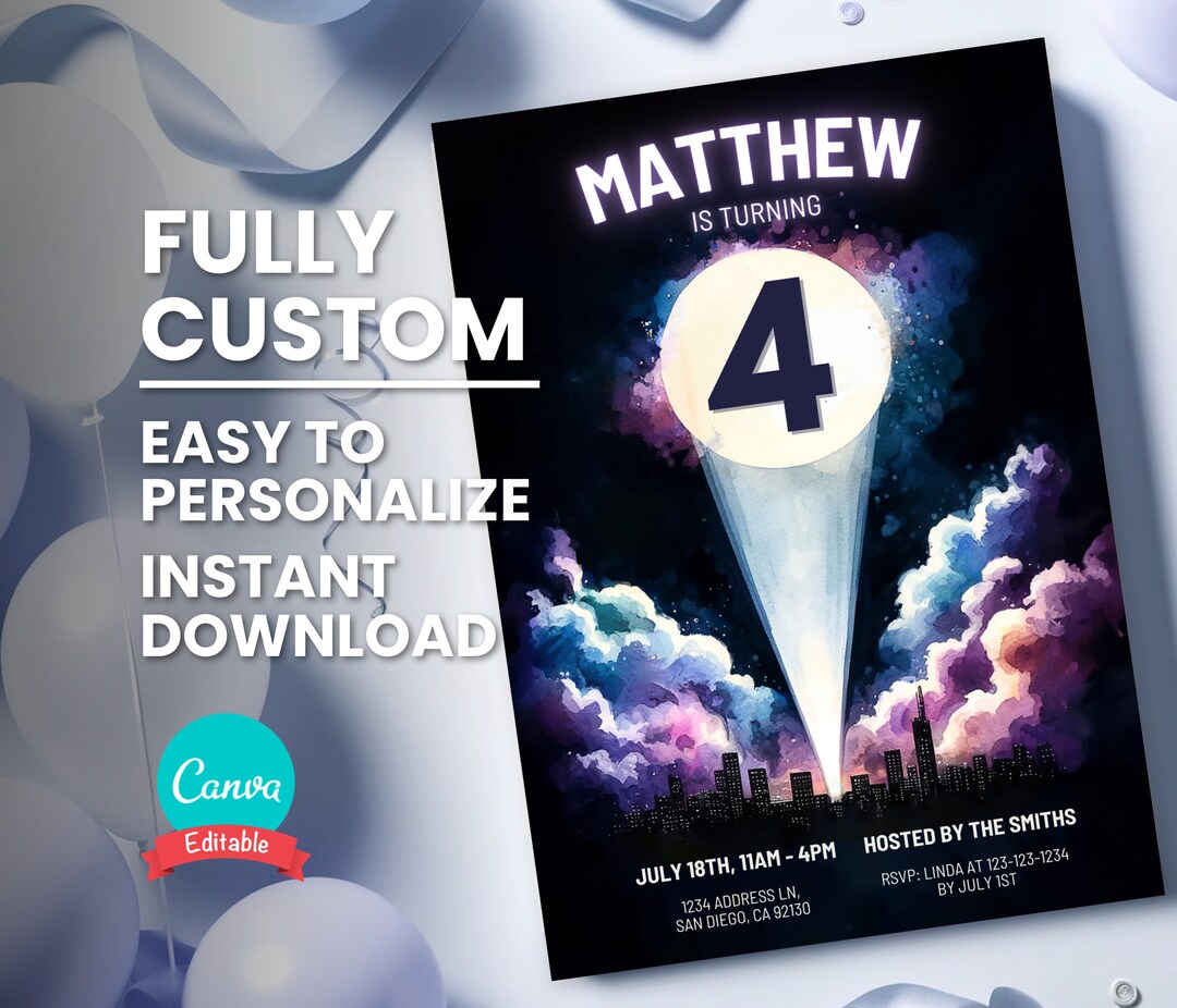 Editable Calling All Heroes Searchlight Birthday Invite for Kid Super ...