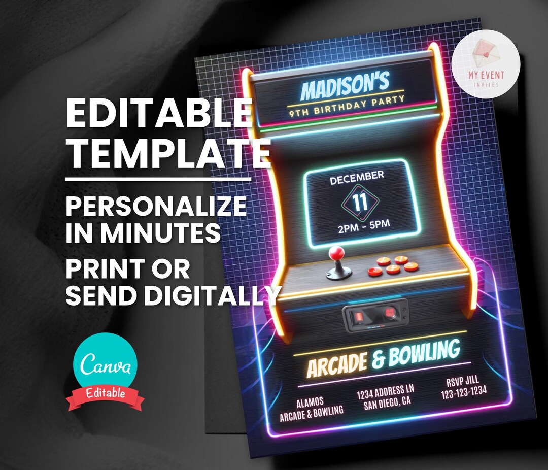 Arcade Birthday Invitation, Video Arcade With Any Theme Party Invite ...