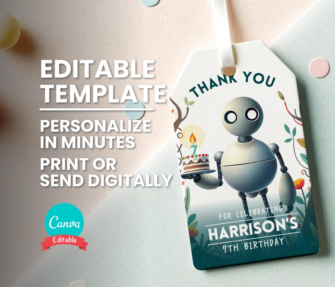 Robot Party Thank You Tag, Robot Birthday Favor Decor, Editable Candle ...