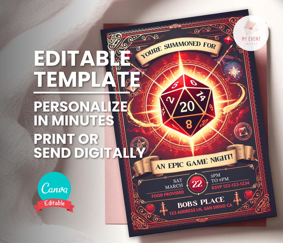 Game Night Invitation, D&D TTRPG Party Invite, Board Game Editable ...