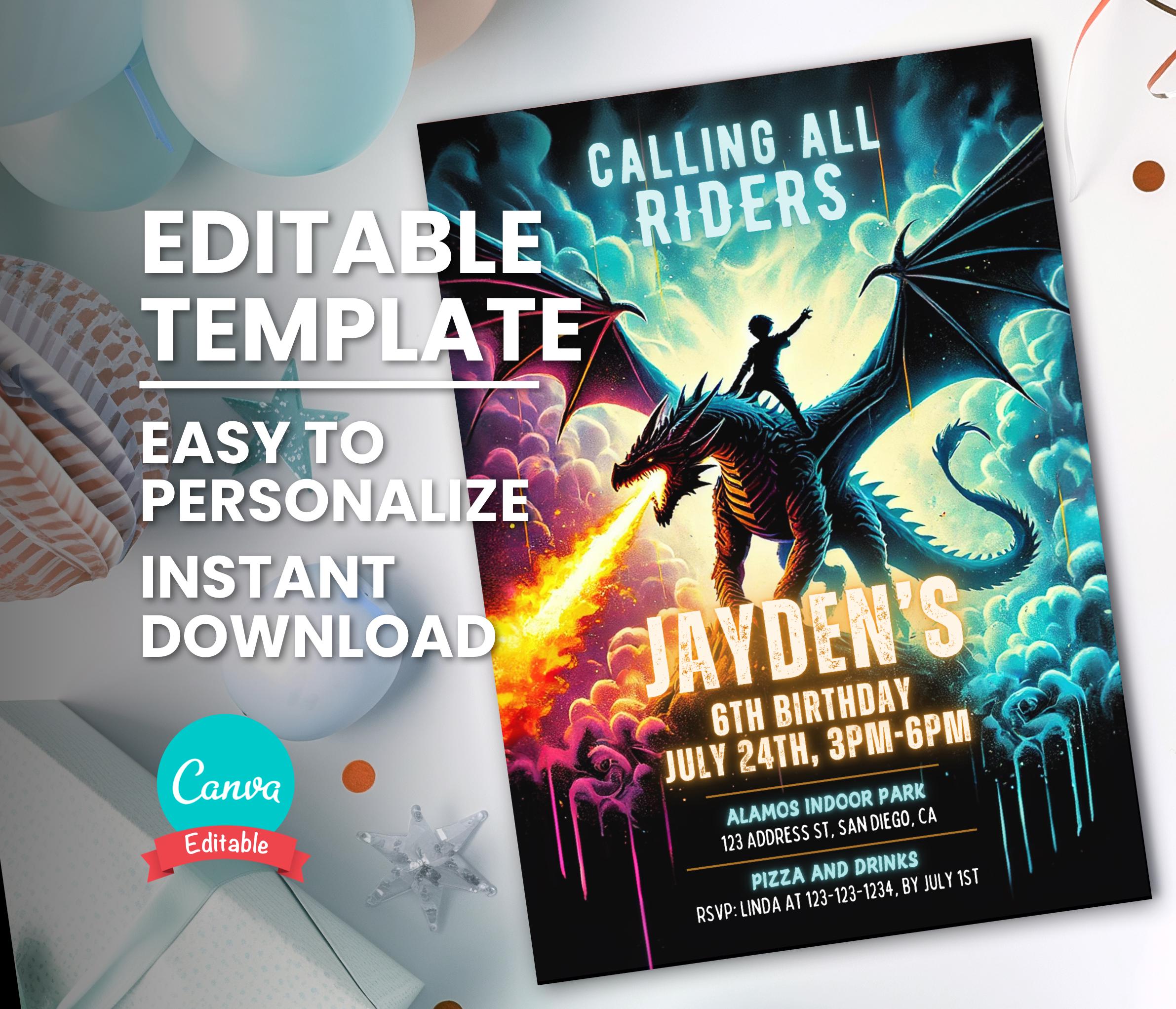Epic Dragon Birthday Party Invitation Card, Calling All Riders ...