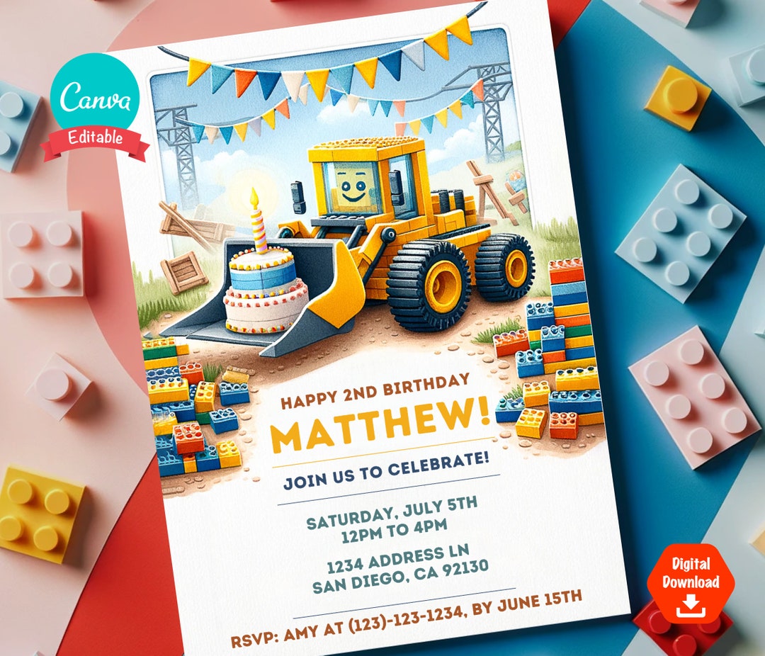 Bulldozer Birthday Invitation Card for Boy Construction Party Invite ...