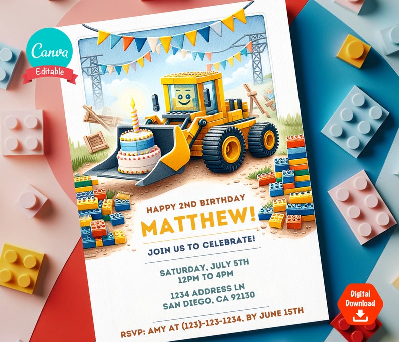 Bulldozer Birthday Invitation Card for Boy Construction Party Invite ...