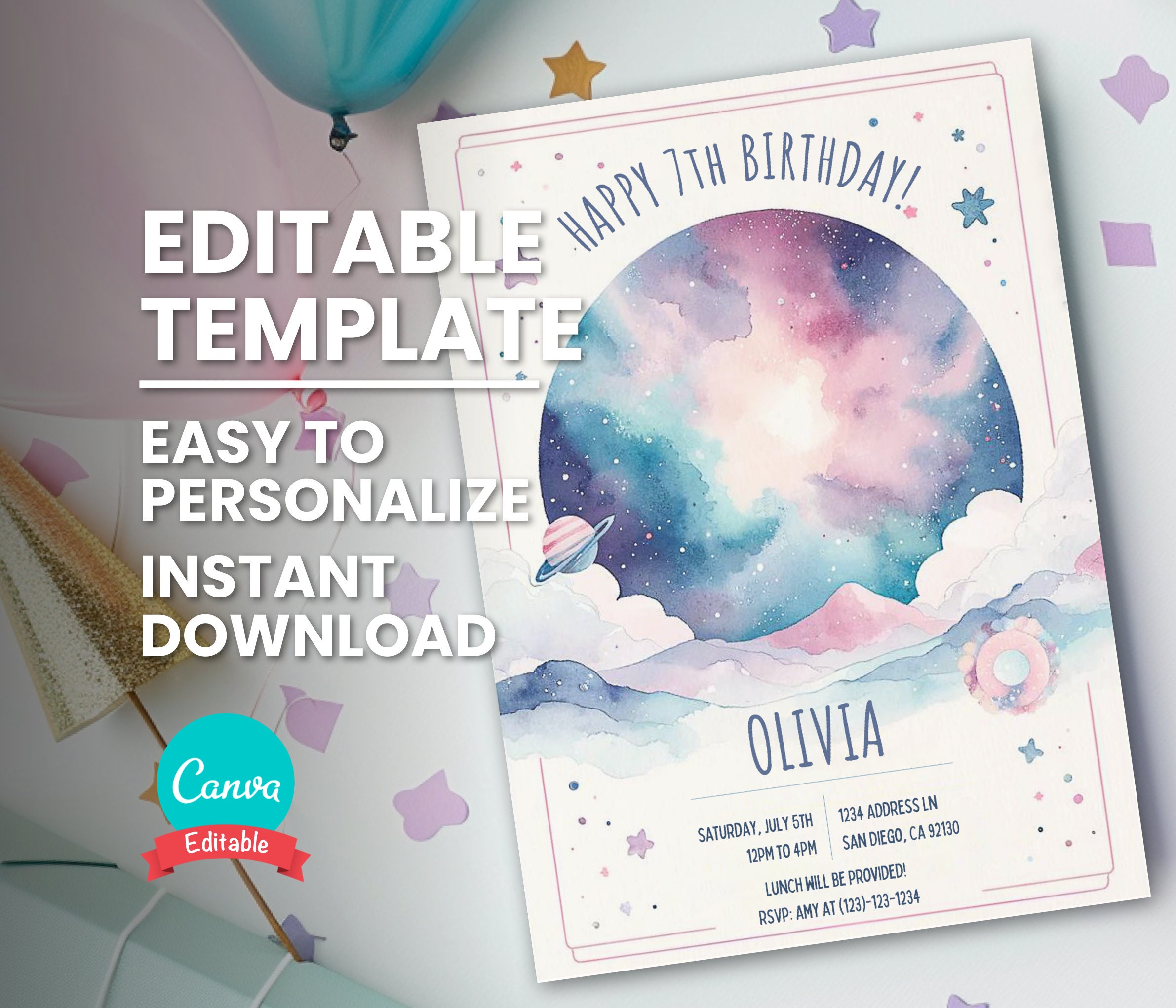 Editable Outer Space Birthday Invitation for Girl Birthday Party - Etsy